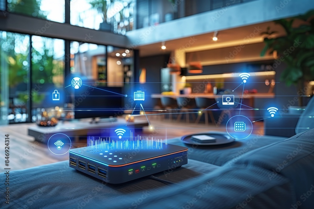 Smart home router with interconnected devices in a modern living room ...