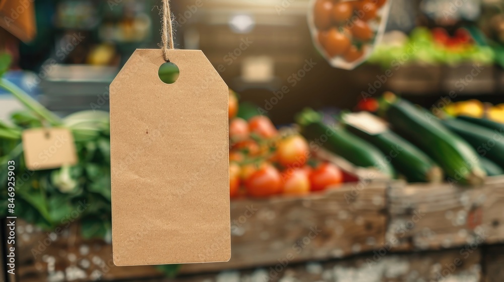 blank cardboard tag mockup on an organic vegetable stand at the farmer ...