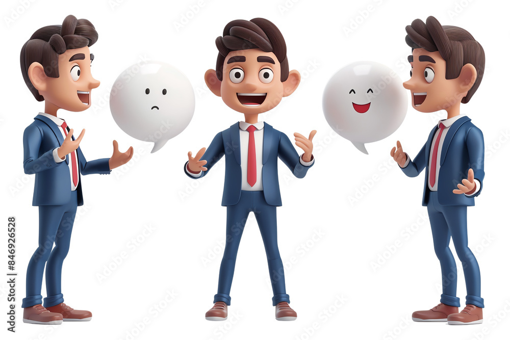 men in suits are talking to a cartoon character with a sad face. The ...