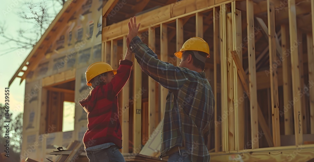 Happy child and father construction worker high-fiving at a new house ...