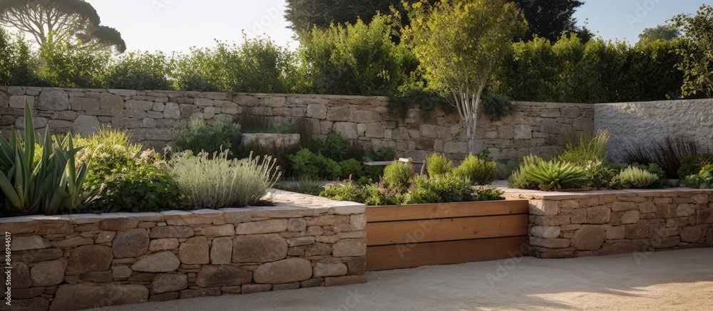 Garden design with stone wall, planter, natural flagstones, raised beds ...