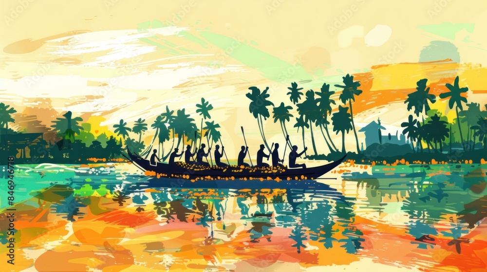 Illustration of a painting of the Kerala Onam boat race, the oldest ...