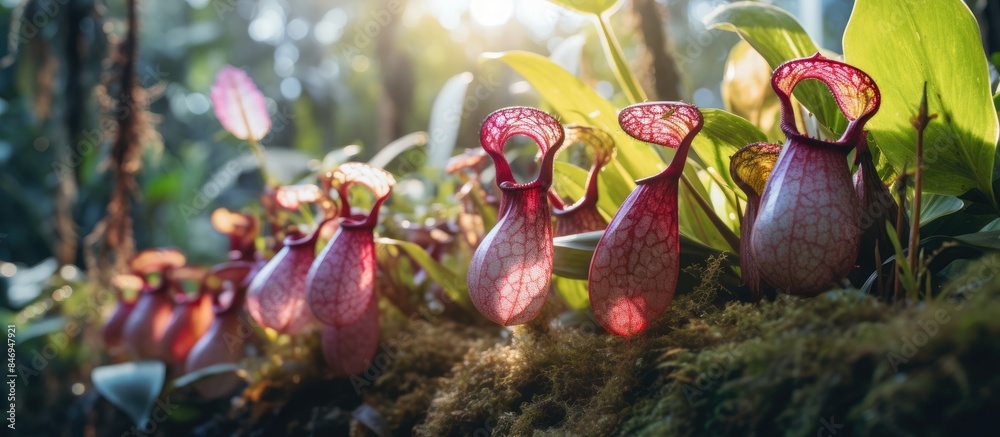 Bunch of pitchers of plants in a lush forest setting, showcasing ...