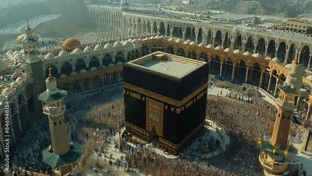 the Kaaba of Islam from above, muslim religious Hajj pilgrimage concept ...