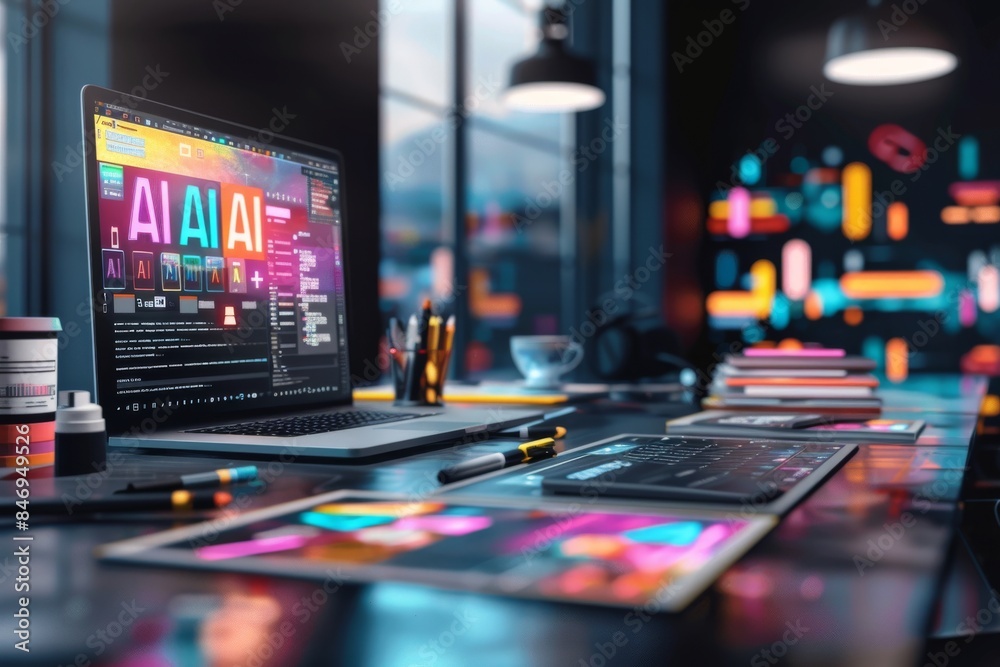 AI workstation with vibrant screens, digital art, technology innovation ...