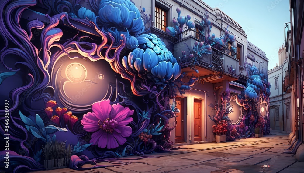 Artistic graffiti in an urban alley, flat design, side view, street art ...