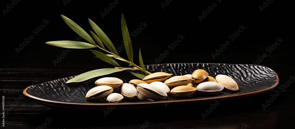Plate displaying nuts and a plant, showcasing Plukenetia volubilis ...