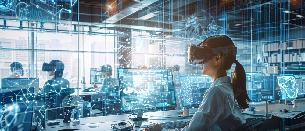 Employees wearing virtual reality headsets in a modern office ...