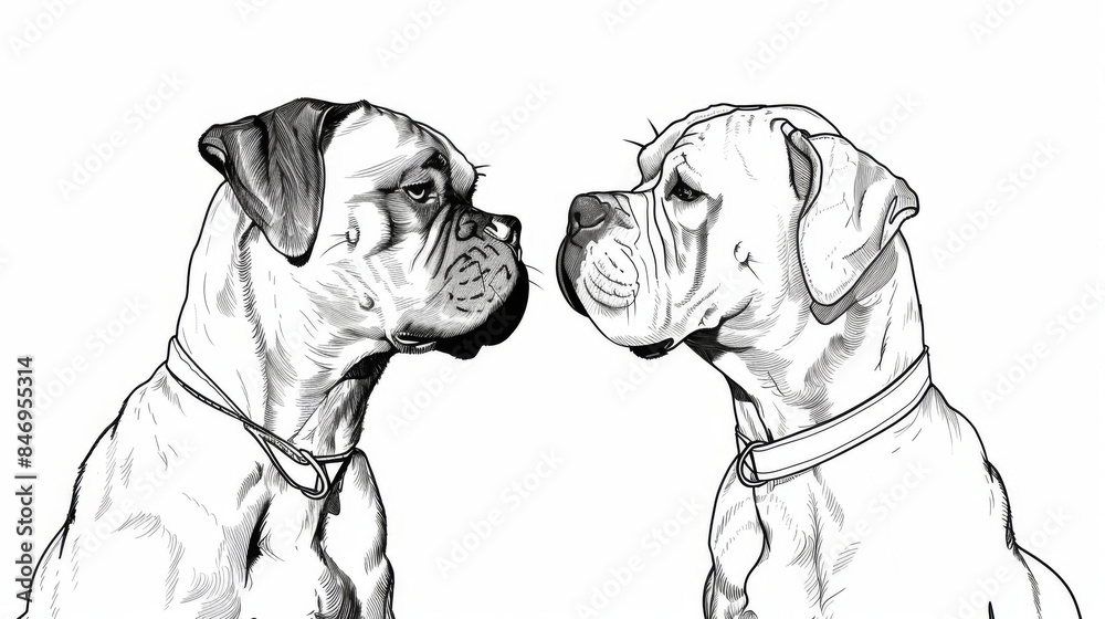Black and white sketch of two dogs facing each other, highlighting ...