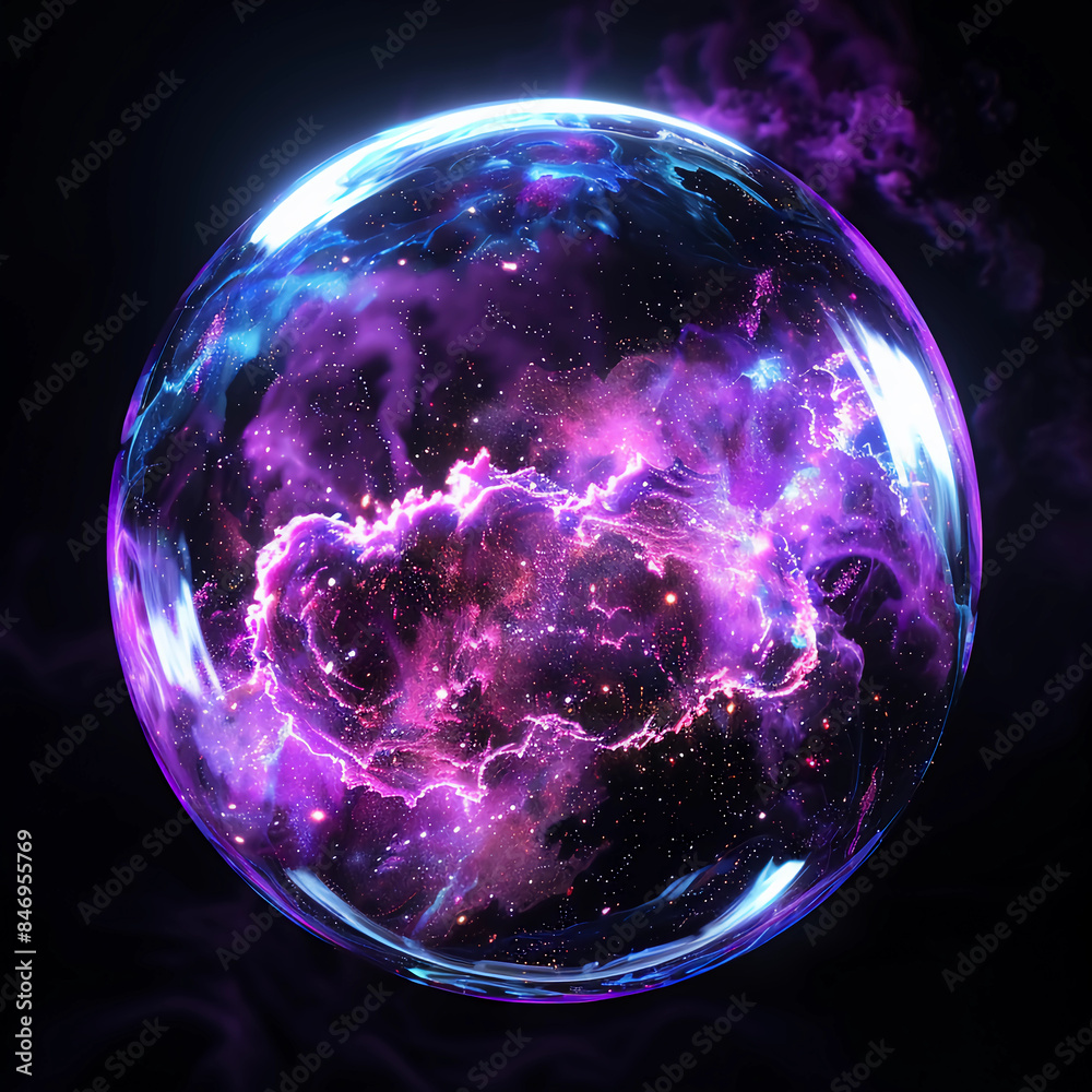 3D Spectacular cosmic cloud explosion within transparent sphere with ...