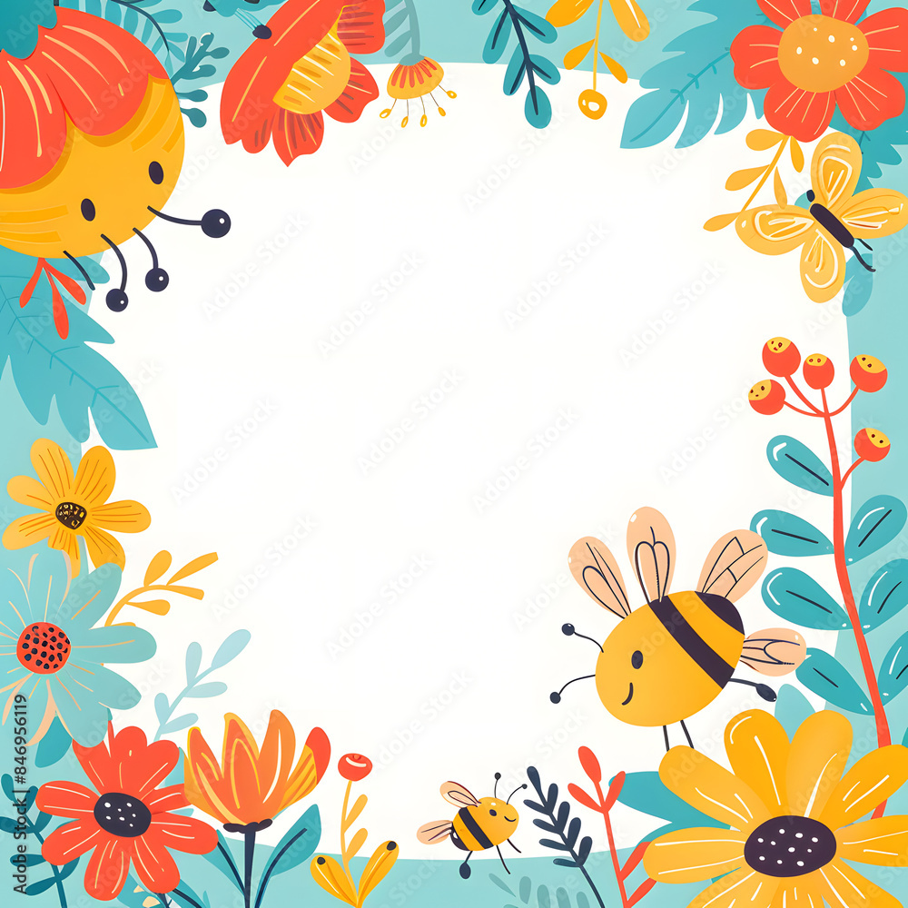 Cute cartoon frame border with bee and flower background with white ...