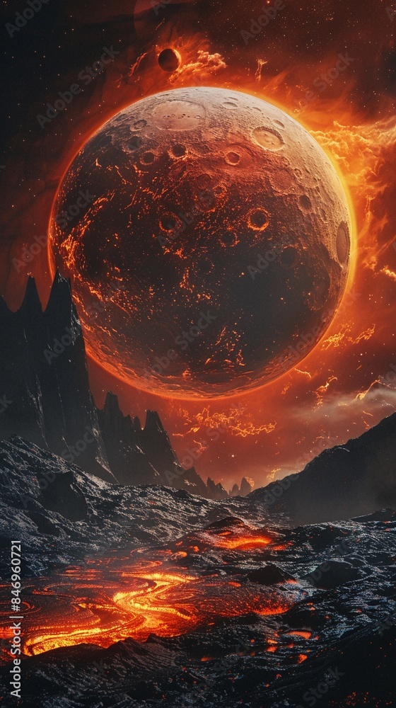 Alien planet with molten lava and orbiting moon, cosmic, dark space ...