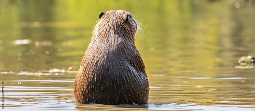 A semi-aquatic rodent known as a nutria is seen from behind, displaying ...