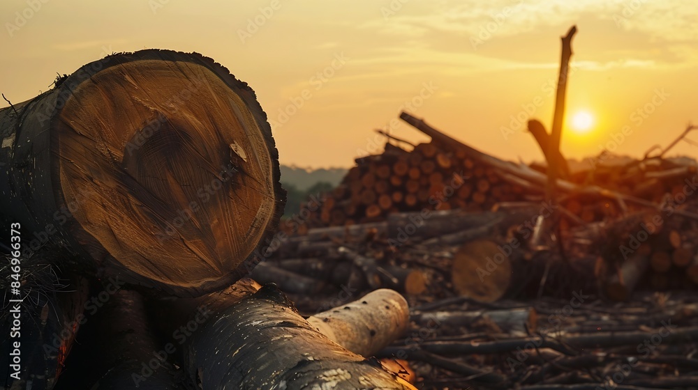 Felled tree against the sunset Cutting trees at forests area Stacks of ...