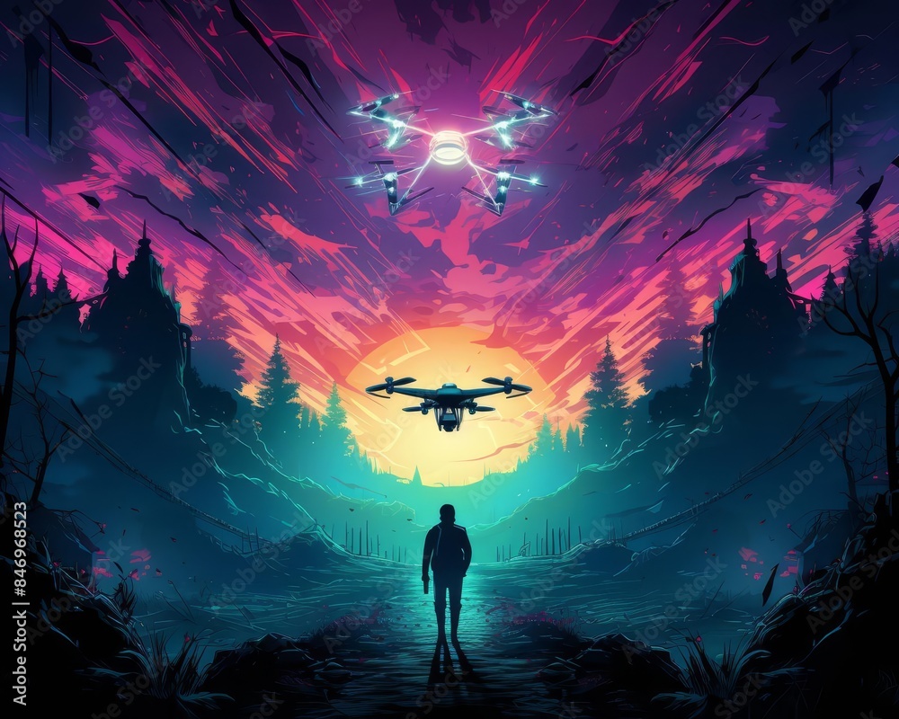 drone footage illustration, flat design, front view, surveillance theme ...