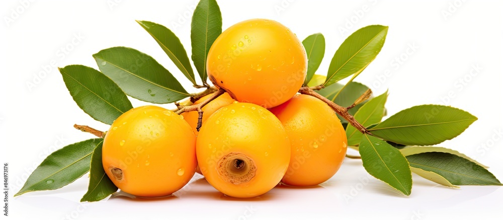 Ripe loquat fruits, characterized by their yellow color and green ...
