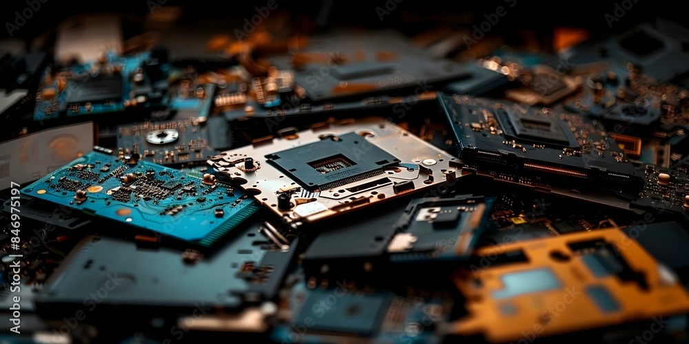 Blurry image depicting electronic waste recycling with discarded laptop ...