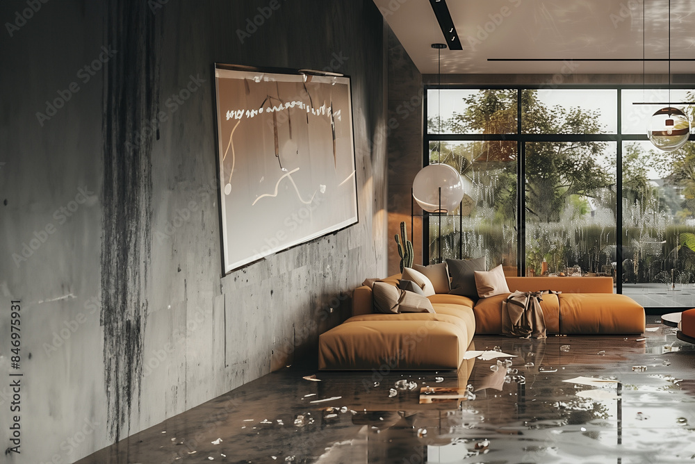 A flooded luxurious ultra modern living room interior after major ...