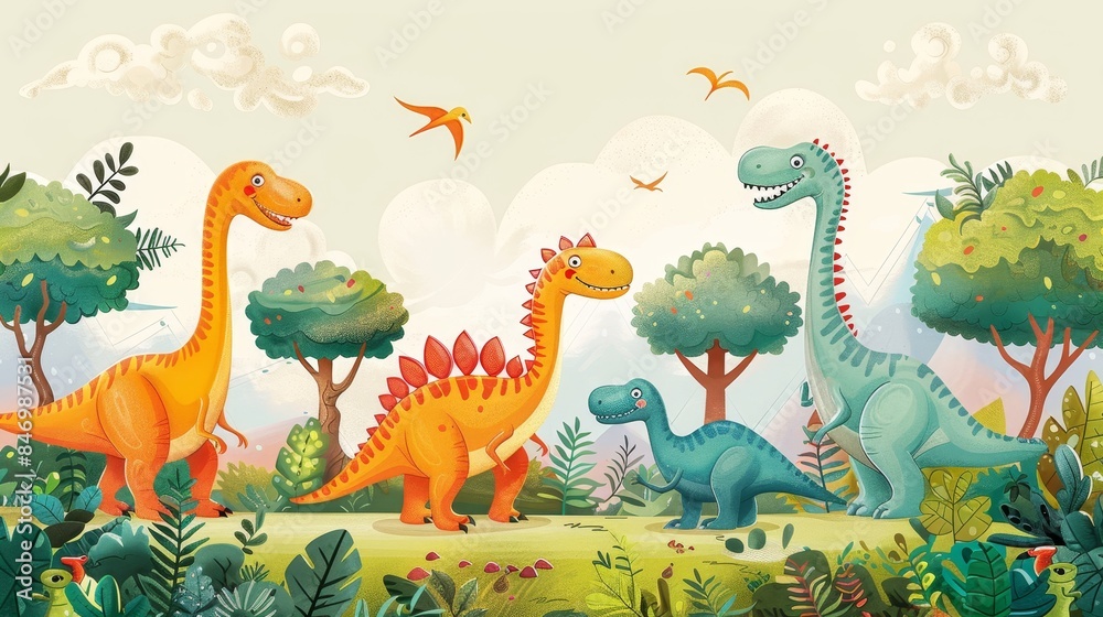 dinosaur background with friendly dinosaurs and ancient trees Stock ...