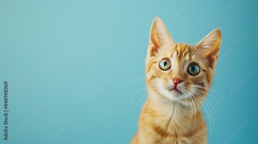 Portrait of a beige cat with a shocked expression on a colored ...