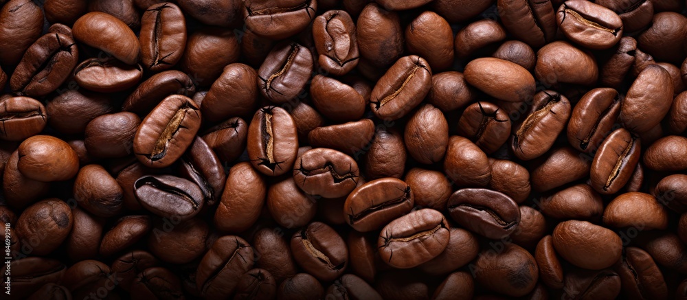 Heap of aromatic coffee beans seen up close in detail, showcasing their ...
