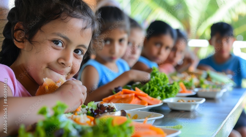 Community Center Lunch: Show children eating a healthy lunch at a ...