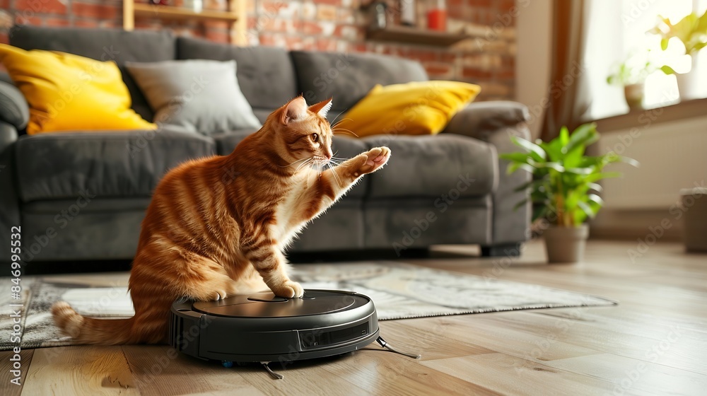 Funny cat sitting on the robot in the living room at home with sofa ...