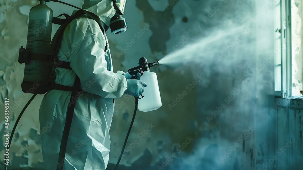 Spray gun with pesticides closeup An exterminator in work clothes ...