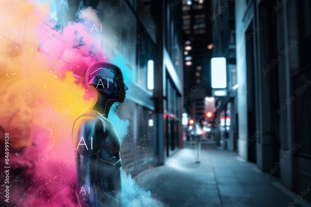Futuristic AI figure with colorful paint explosion digital creativity ...