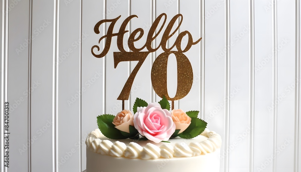Elegant 70th Birthday Cake with Gold "Hello 70" Topper and Floral ...