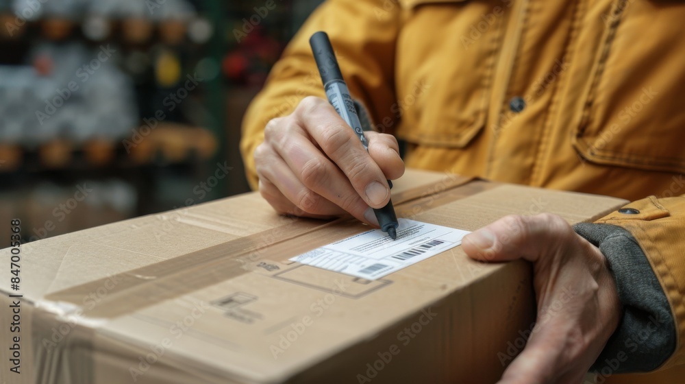 Courier Marking Parcel with Shipping Label in Warehouse Stock Photo ...