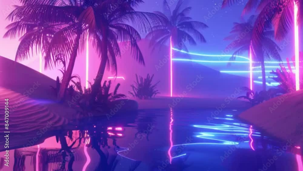 An animation illustrating a high-quality neon desert oasis. It features ...