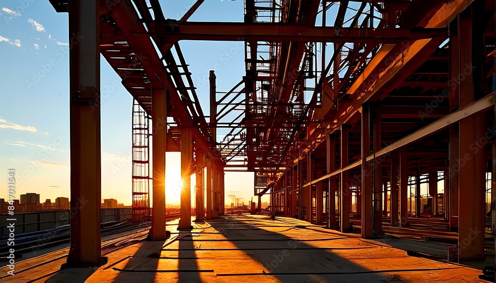 Steel skeleton of a buildings interior at a construction site girders ...