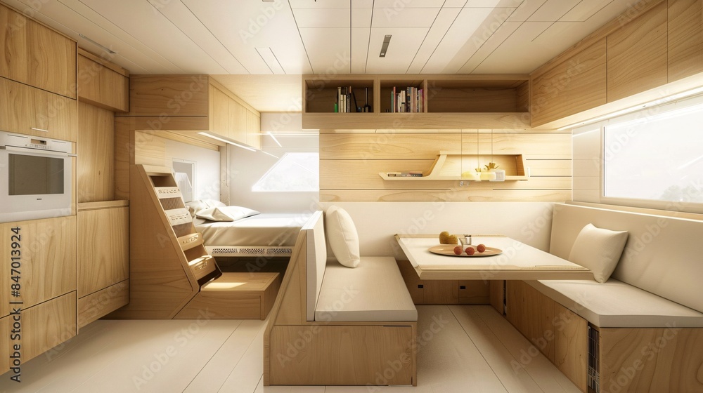 Functional small apartment interior featuring space-saving, eco ...