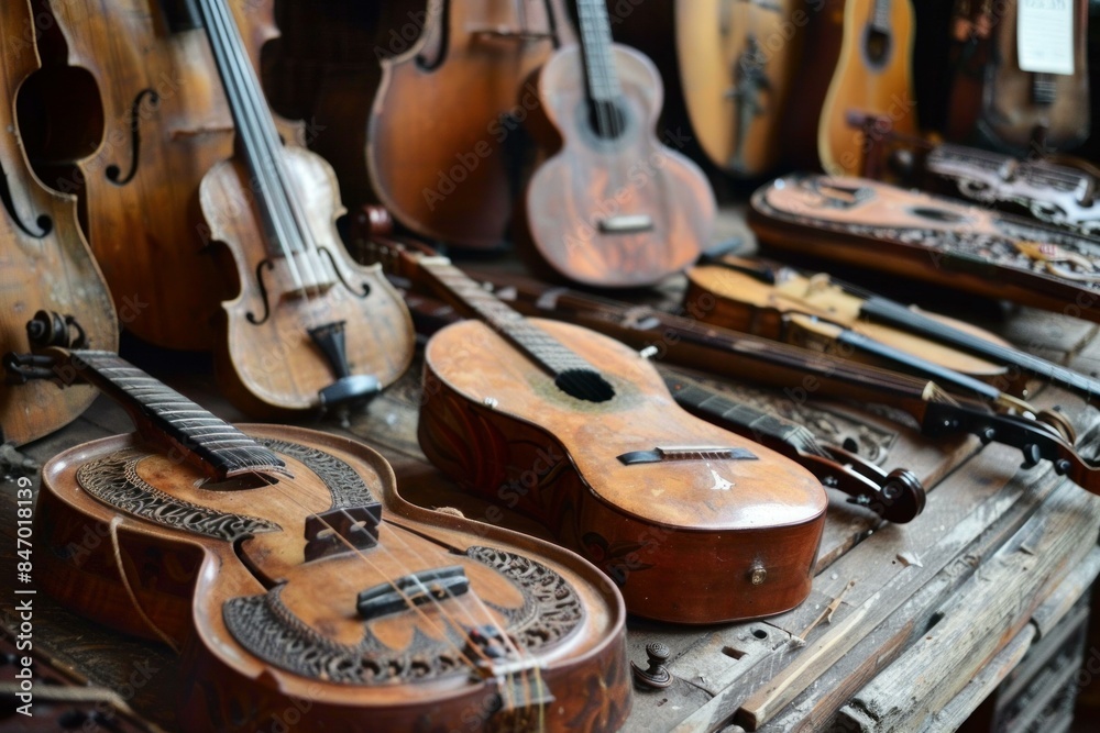 Unique and diverse collection of vintage string instruments including ...