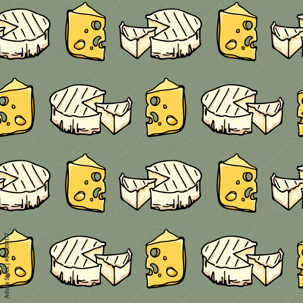 Vector seamless pattern with hand drawn gouda and brie cheese. Ink ...