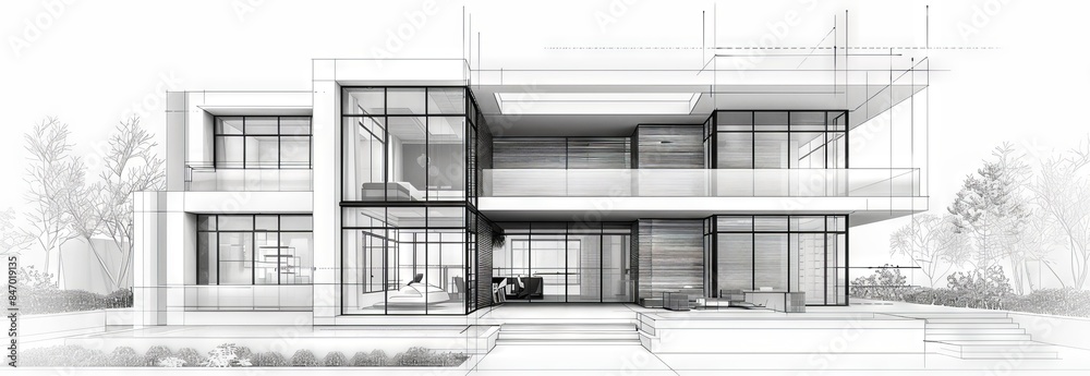 Architectural sketch of a modern house with detailed landscaping ...