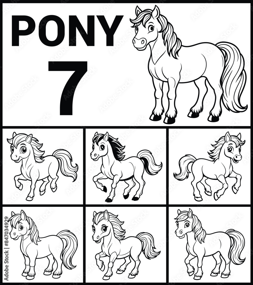 Pony Outline Set Detailed Vector Illustrations on Clean White ...