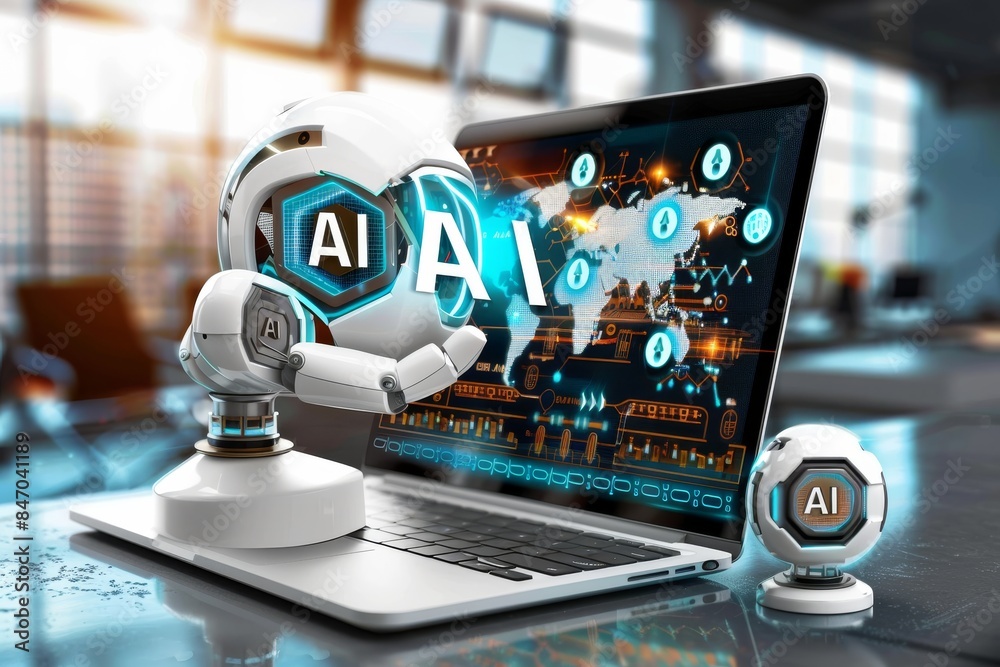 Robot working on a computer with AI interface, representing the use of ...