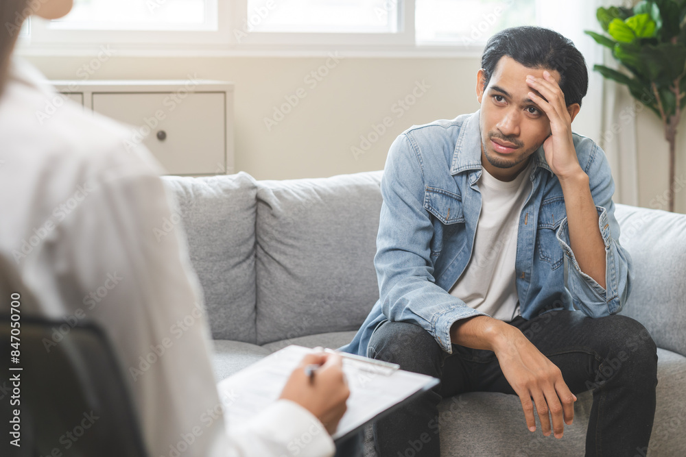 Psychology, depression. Suffer asian young man consultation with ...