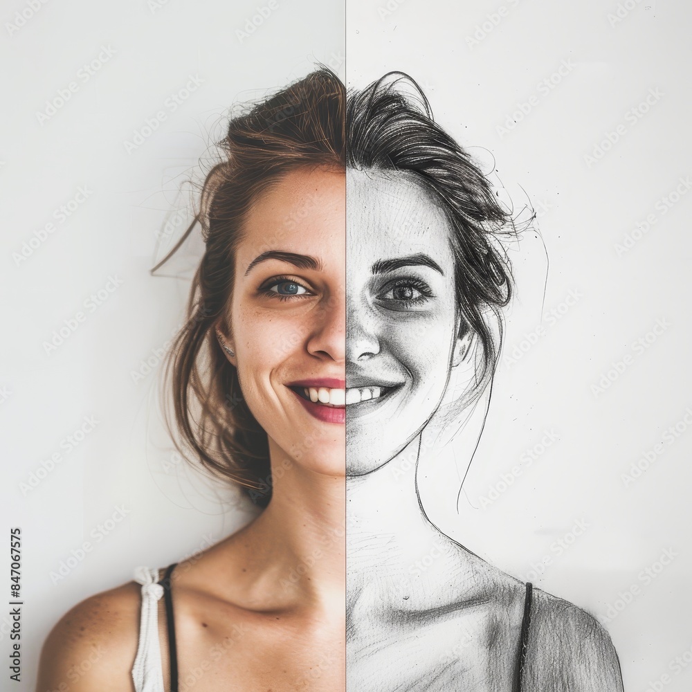 A woman's face is split into two halves, with one half being drawn in ...