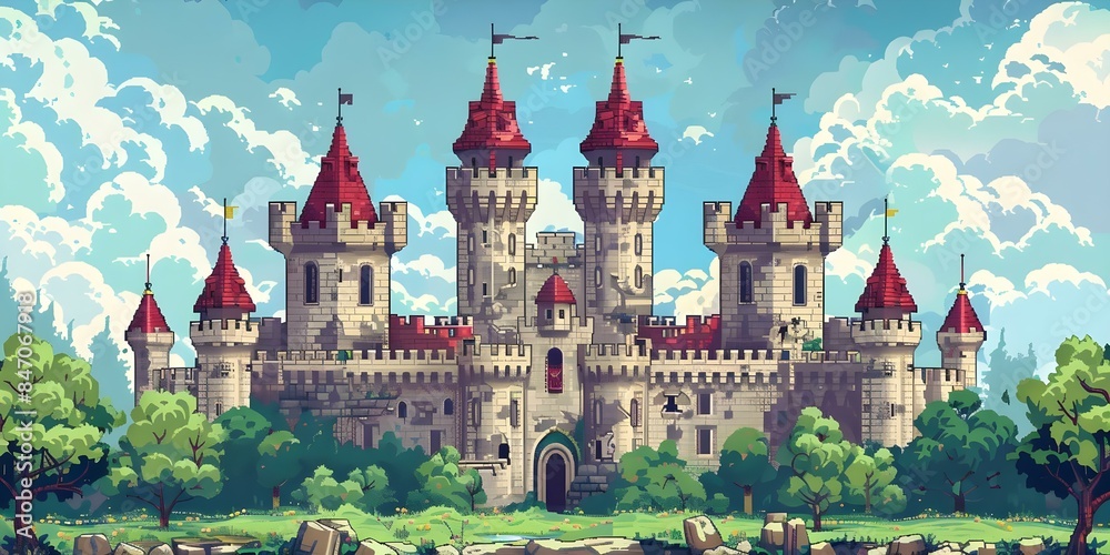 8bit vintage computer game background with castles and towers in retro ...