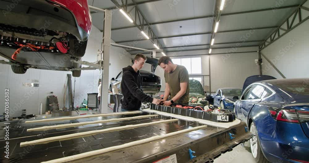 Two technicians working on repairing a lithium-ion battery pack for an ...