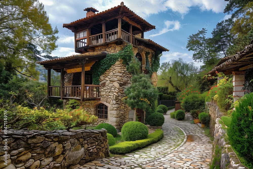 Rustic countryside residential tower with stone walls, wooden beams ...