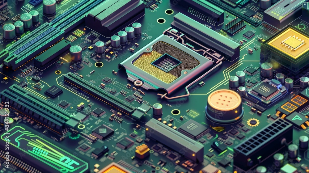 Diagrammatic drawing of a computer motherboard, detailing different ...