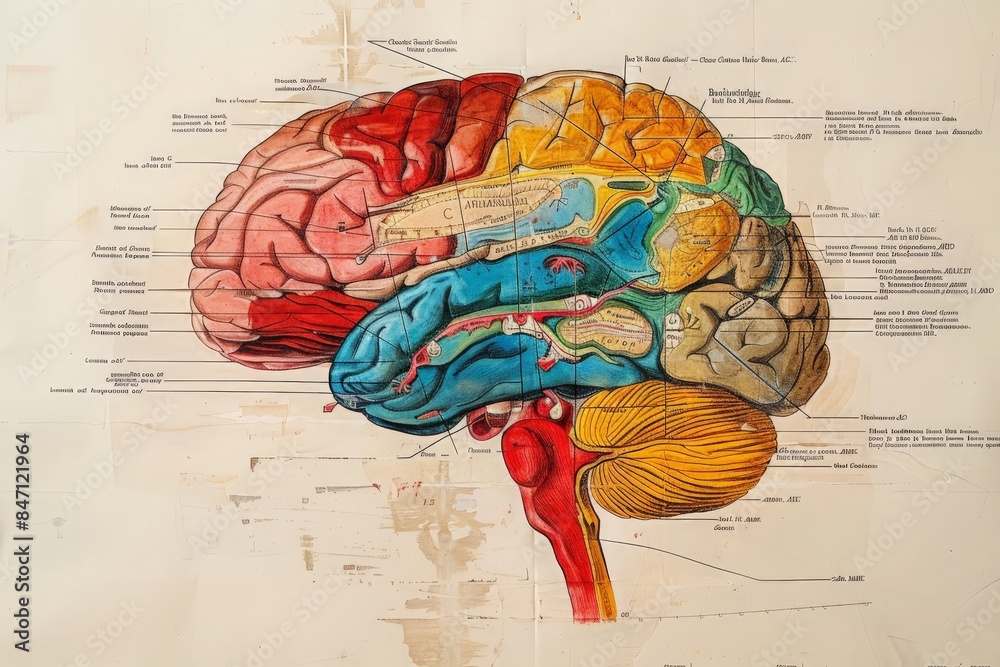 Diagrammatic drawing of a human brain, detailing different regions and ...