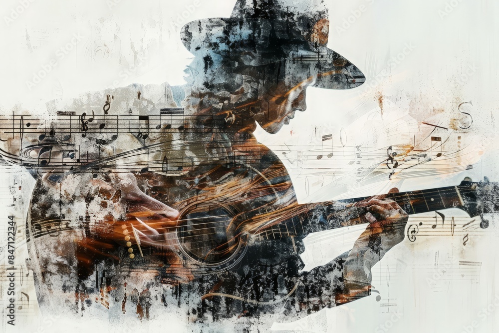 Double exposure of a musician playing a guitar merged with musical ...