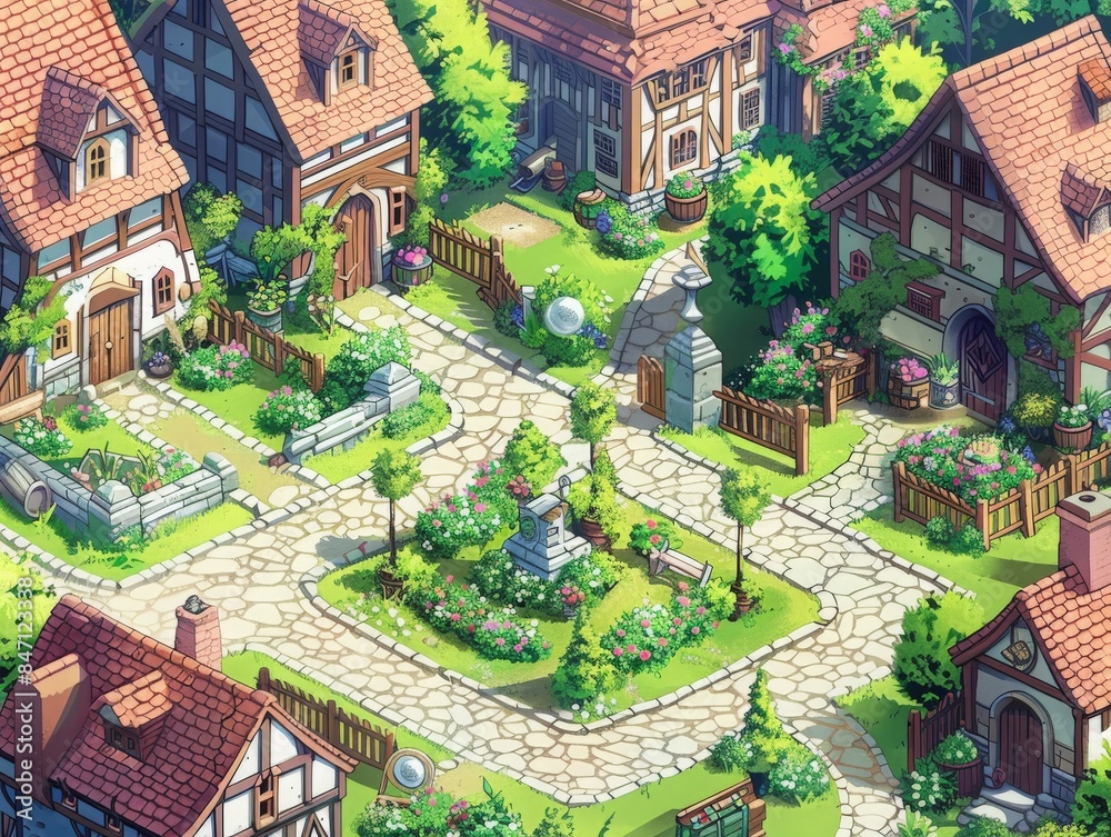 Isometric anime fantasy village with quaint cottages, cobblestone paths ...