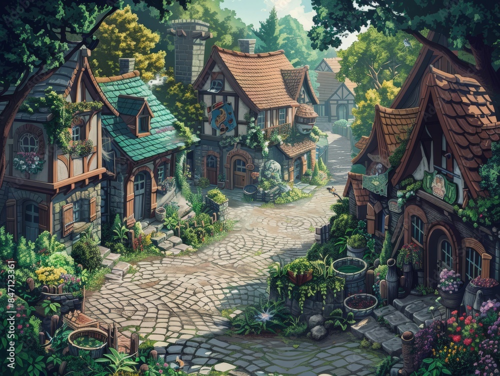 Isometric anime fantasy village with quaint cottages, cobblestone paths ...