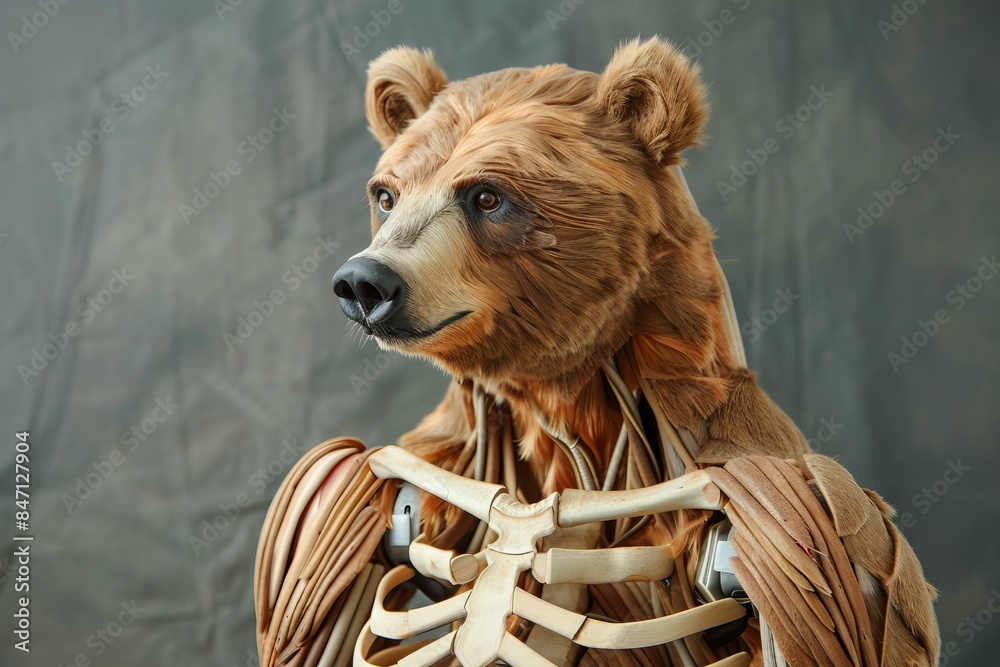 Brown bear anatomy showing muscles and bones with a dark background ...